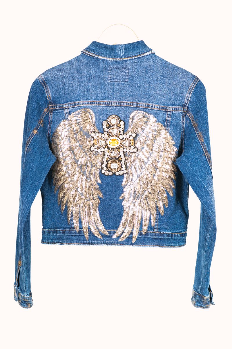 DENIM JACKET WITH ANGEL WINGS – CRUZ – Wada Swag