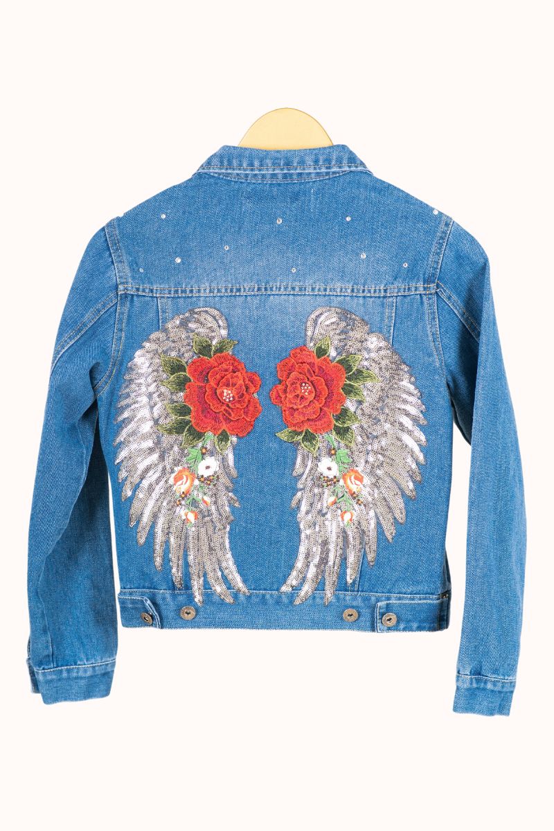 DENIM JACKET WITH ANGEL WINGS – RED ROSES – Wada Swag