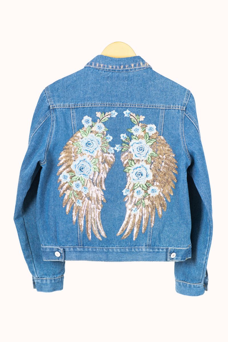 DENIM JACKET WITH ANGEL WINGS – BLUE ROSES – Wada Swag