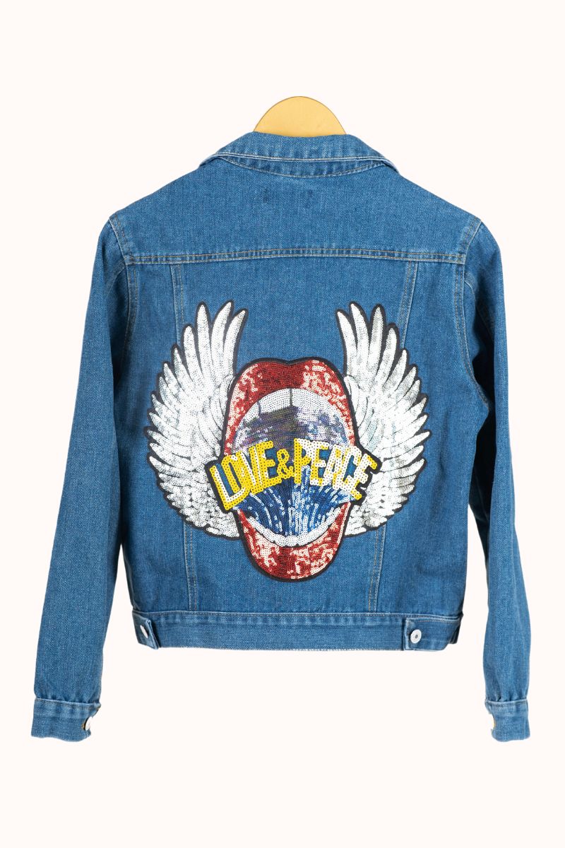DENIM JACKET WITH ANGEL WINGS – LOVE & PEACE – Wada Swag